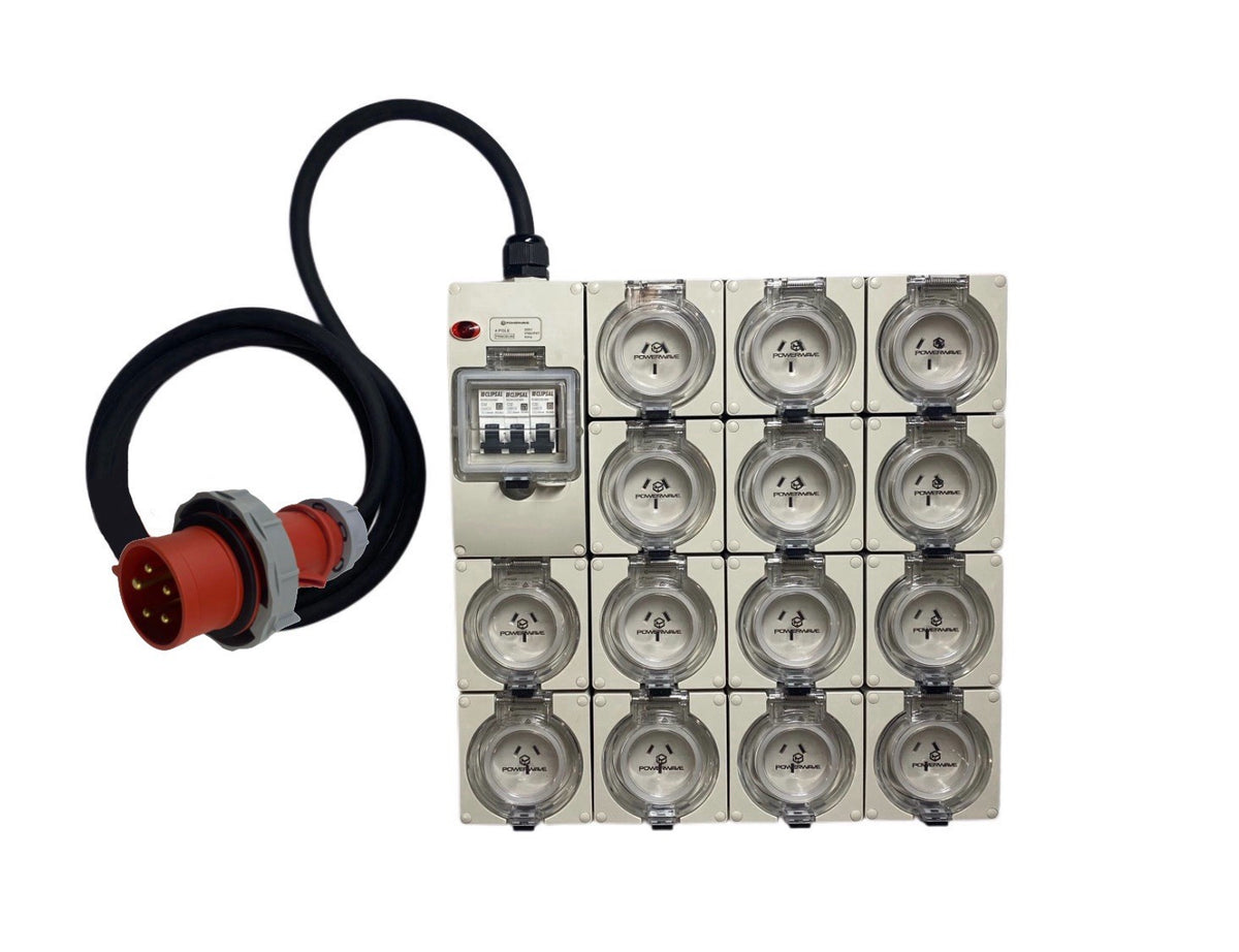 Power Board CEEform 32 Amp 5 Pin Three Phase to 14 x 15 Amp 3 pin outl ...
