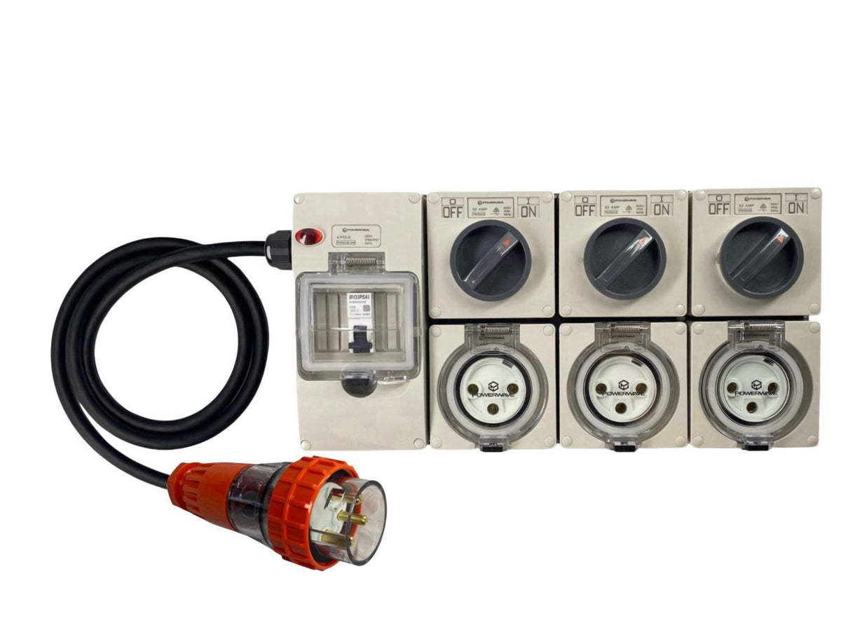Power Board 32 Amp 3 Pin Single Phase to 3 x 32 Amp 3 pin Single Phase ...